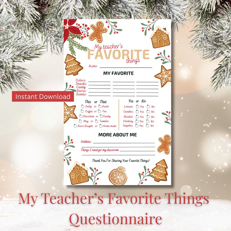 Teacher's Favorite Things Christmas Questionnaire | Gifting Survey Form ...