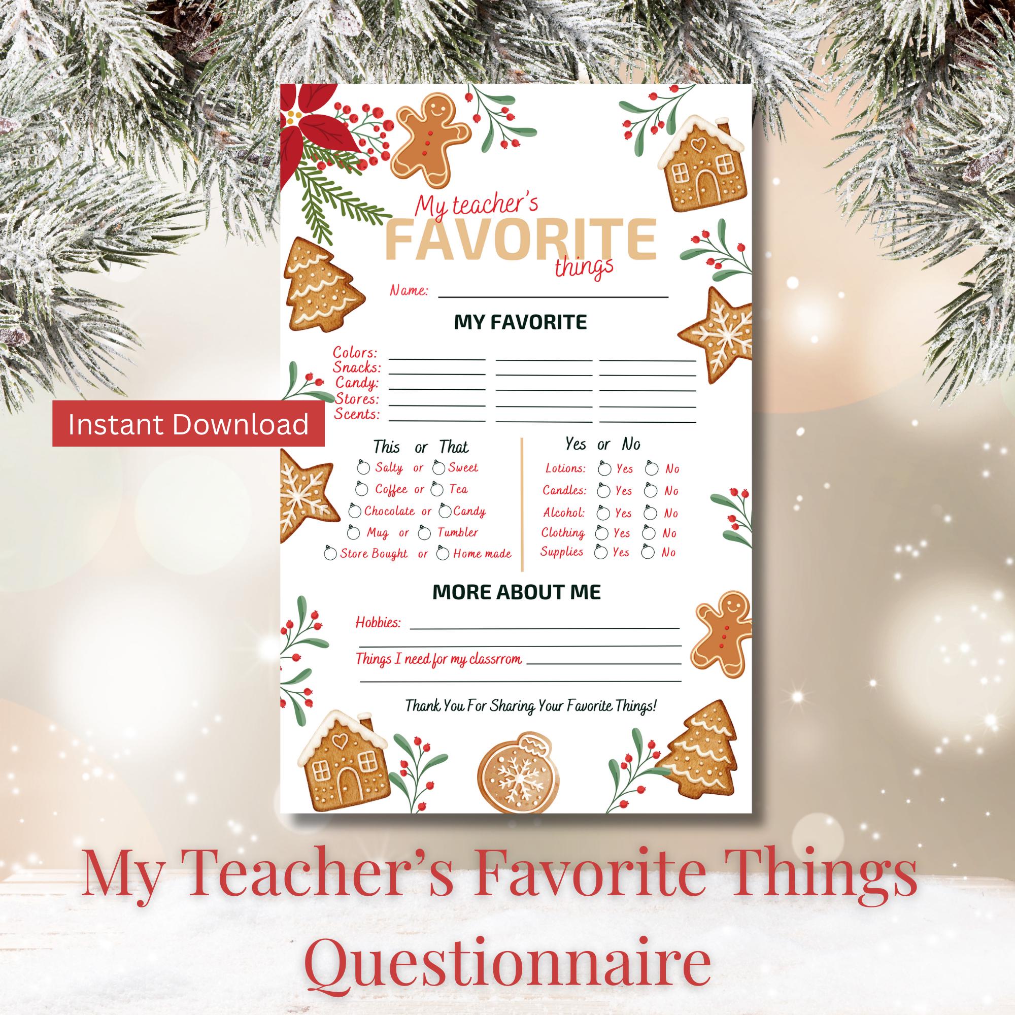 Teacher's Favorite Things Christmas Questionnaire | Gifting Survey Form ...