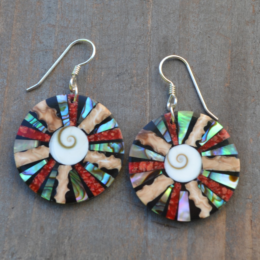 Natural Sea Shells, Abalone, Cone, Shiva, Red Coral Earrings, Sterling ...