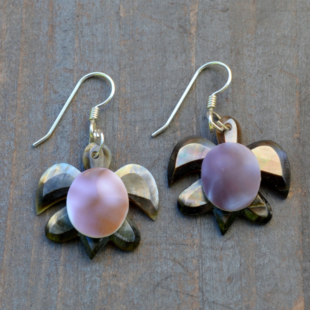 Carved Turtle Shell Earrings: Mother of Pearl, Cowrie Shell, Sterling ...
