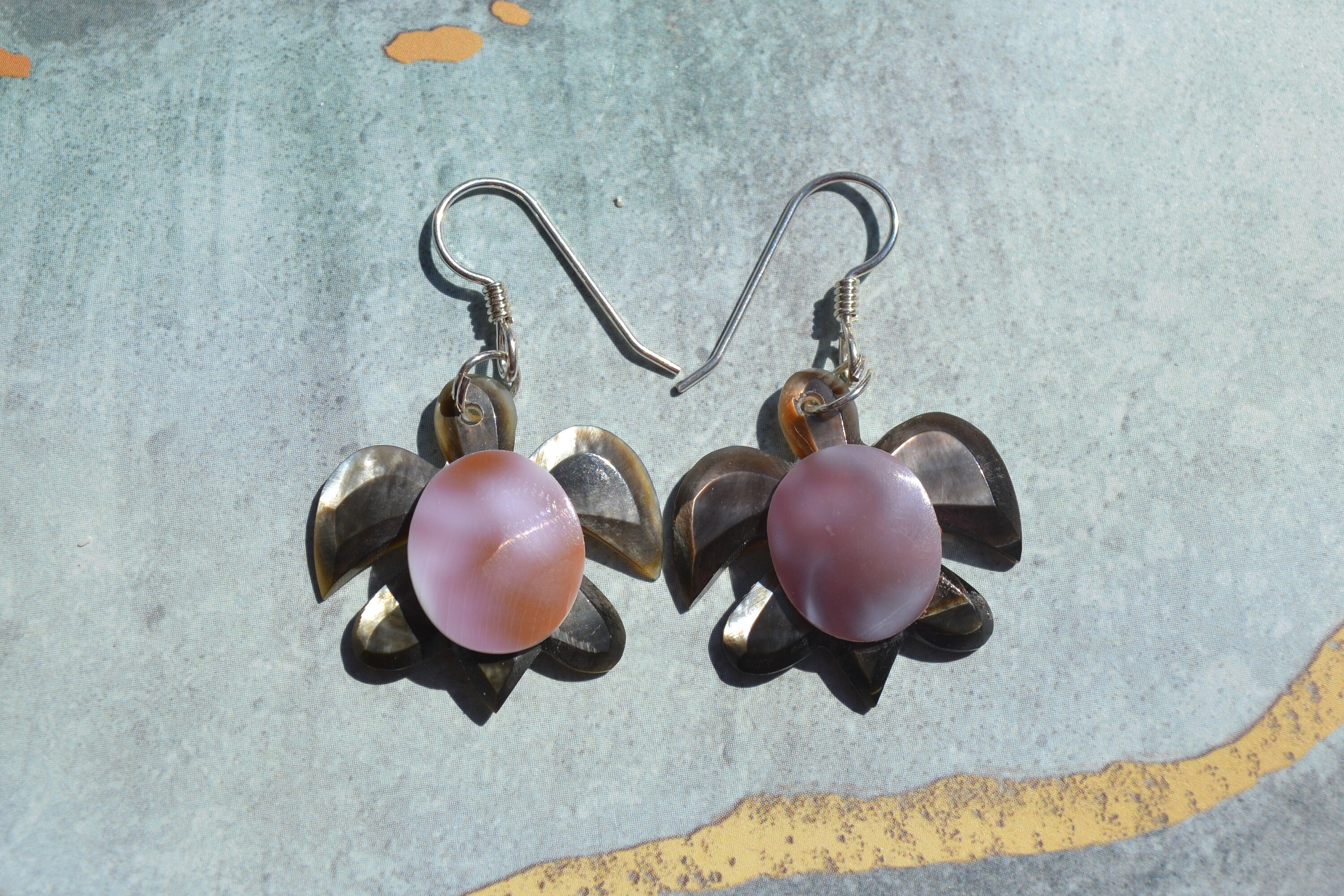 Carved Turtle Shell Earrings Mother of Pearl and Cowrie | Etsy