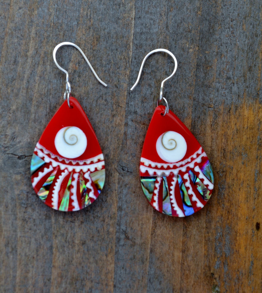 Red Natural Abalone, Shiva, Conch Shell Teardrop Earrings,sterling ...