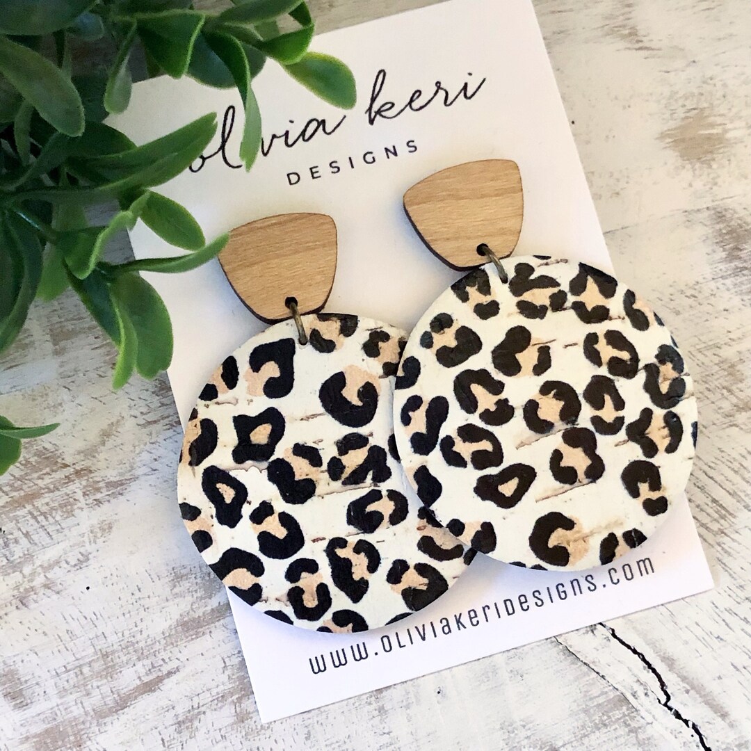 Leather Earrings, Cheetah Earrings, Wood Earrings, Fall Earrings, Cork ...