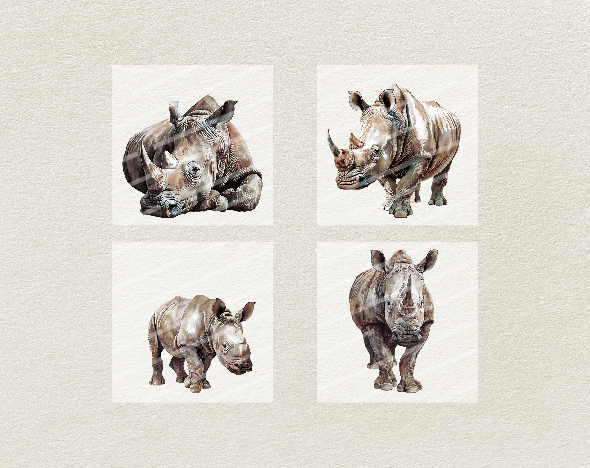 Watercolor Rhinoceros Clipart - Digital Illustration Rhino - Rhinoceros ...