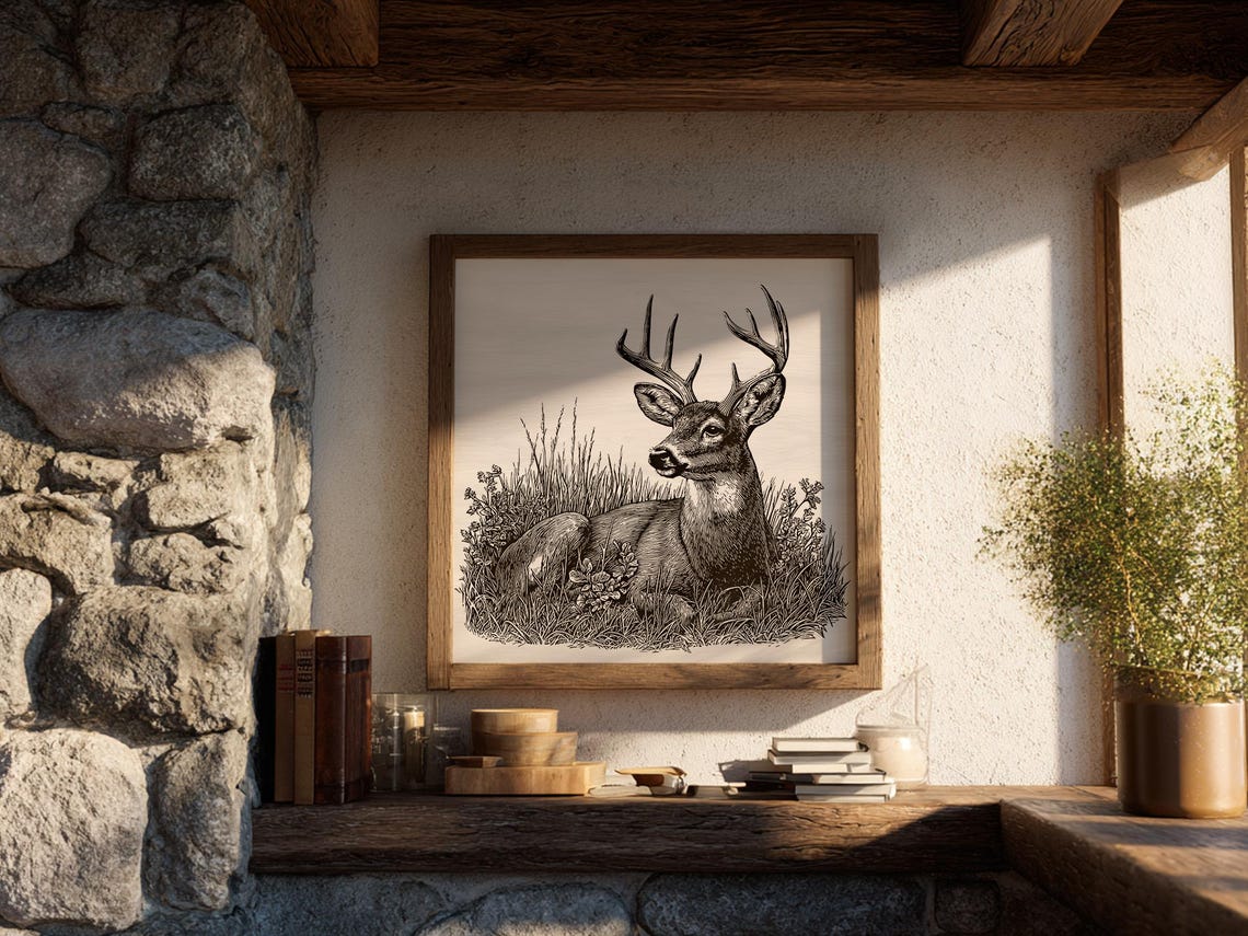 Deer Vector Illustration SVG – Woodland Buck Line Art PNG - Laser ...