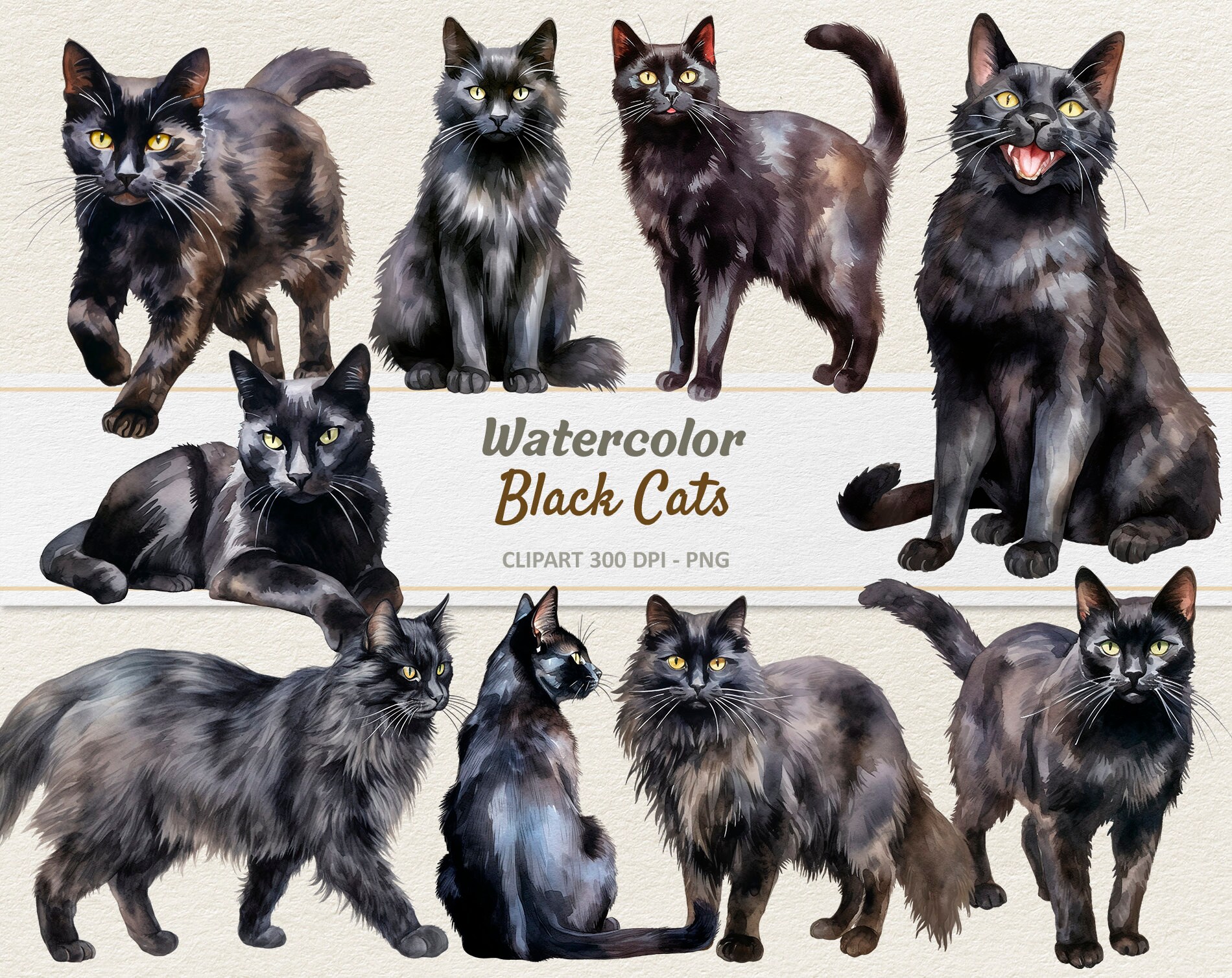 Watercolor Black Cats Clipart - Digital Illustration - Black Kitten ...