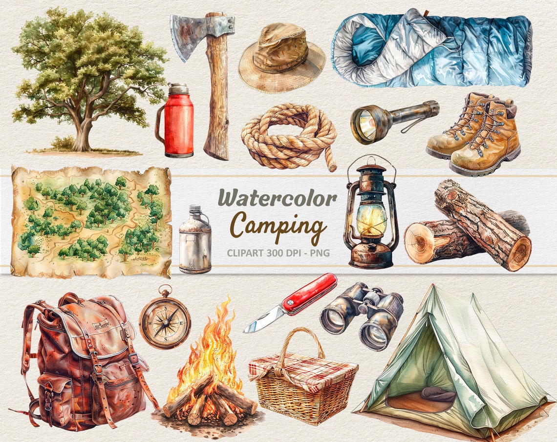 Watercolor Camping Clipart - Digital Illustration Outdoor Gear ...
