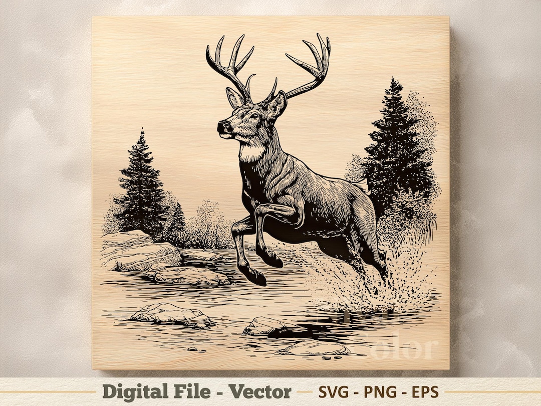 Jumping Deer Vector Illustration SVG – Stag Line Art PNG - Laser ...