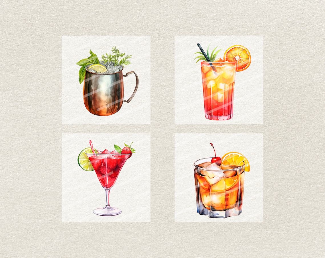 Watercolor Cocktails Clipart - Digital Illustration - Bar Drinks PNG ...