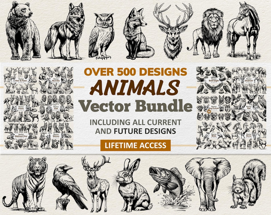 Animals Vector Mega Bundle – 500+ Line Art Clipart – SVG PNG – Lifetime ...