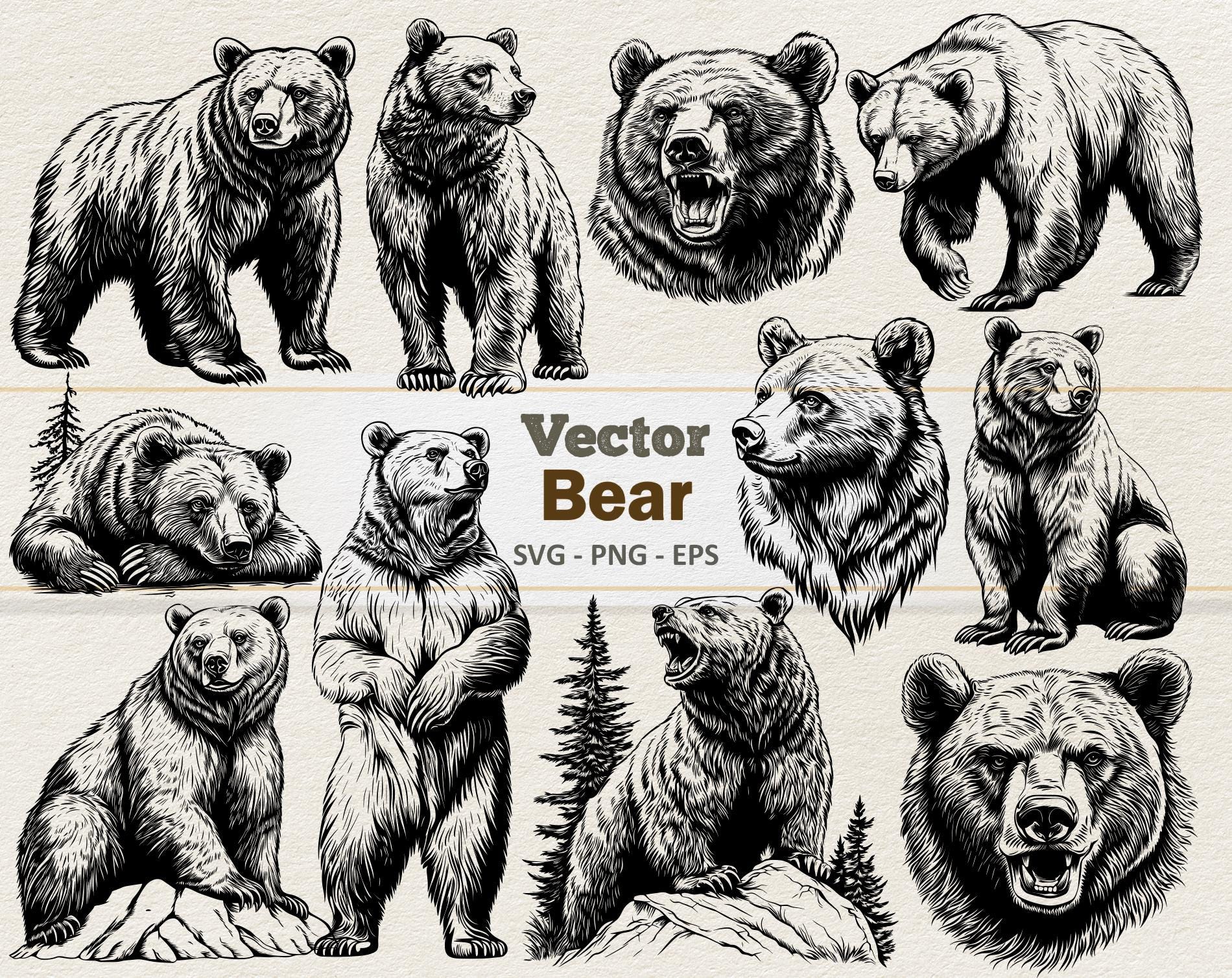 Vector Bear Clipart - Line Art Digital Illustration - Brown Bear SVG ...