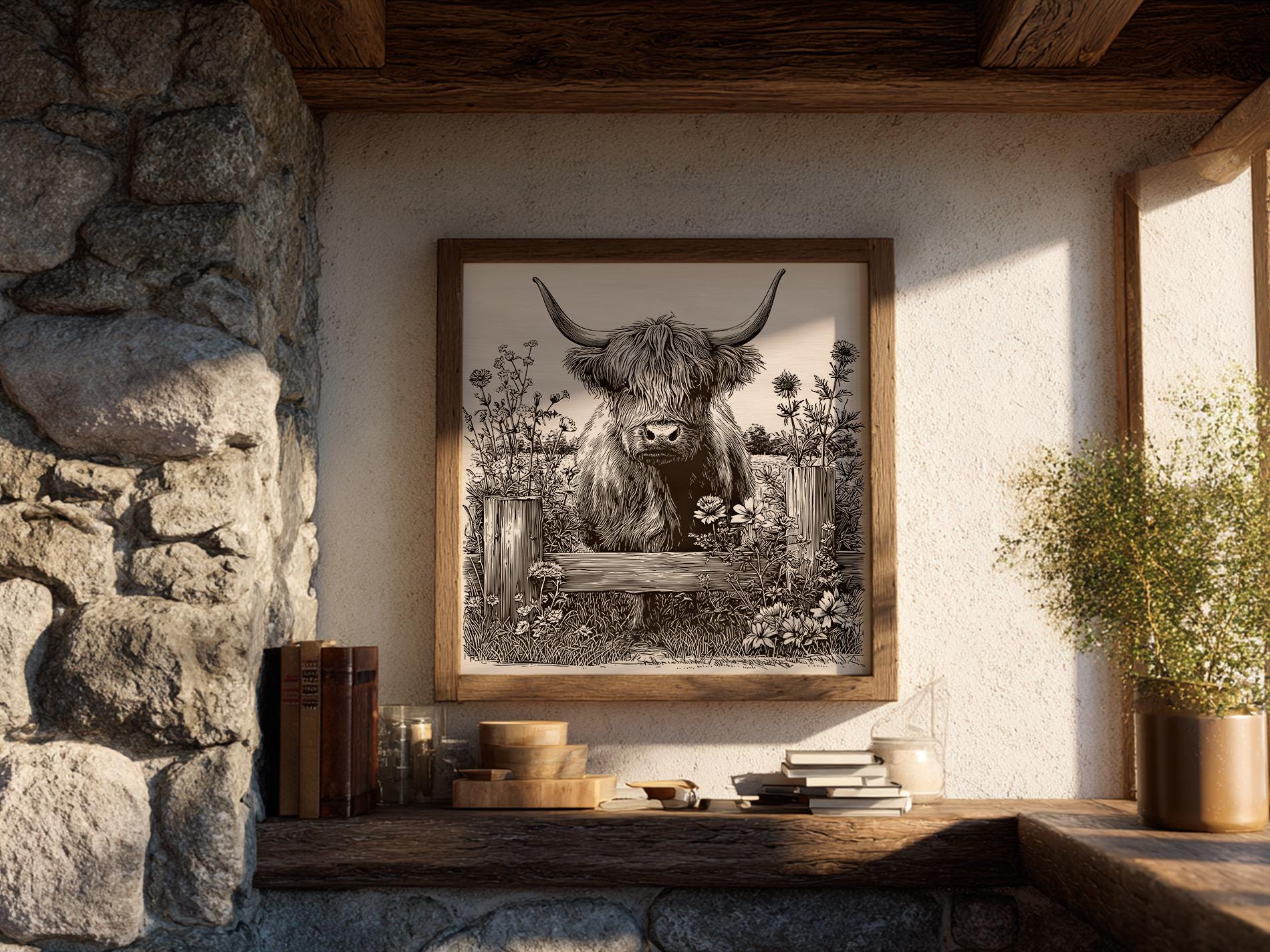 Highland Cattle Vector Illustration SVG – Cow Line Art PNG - Laser ...