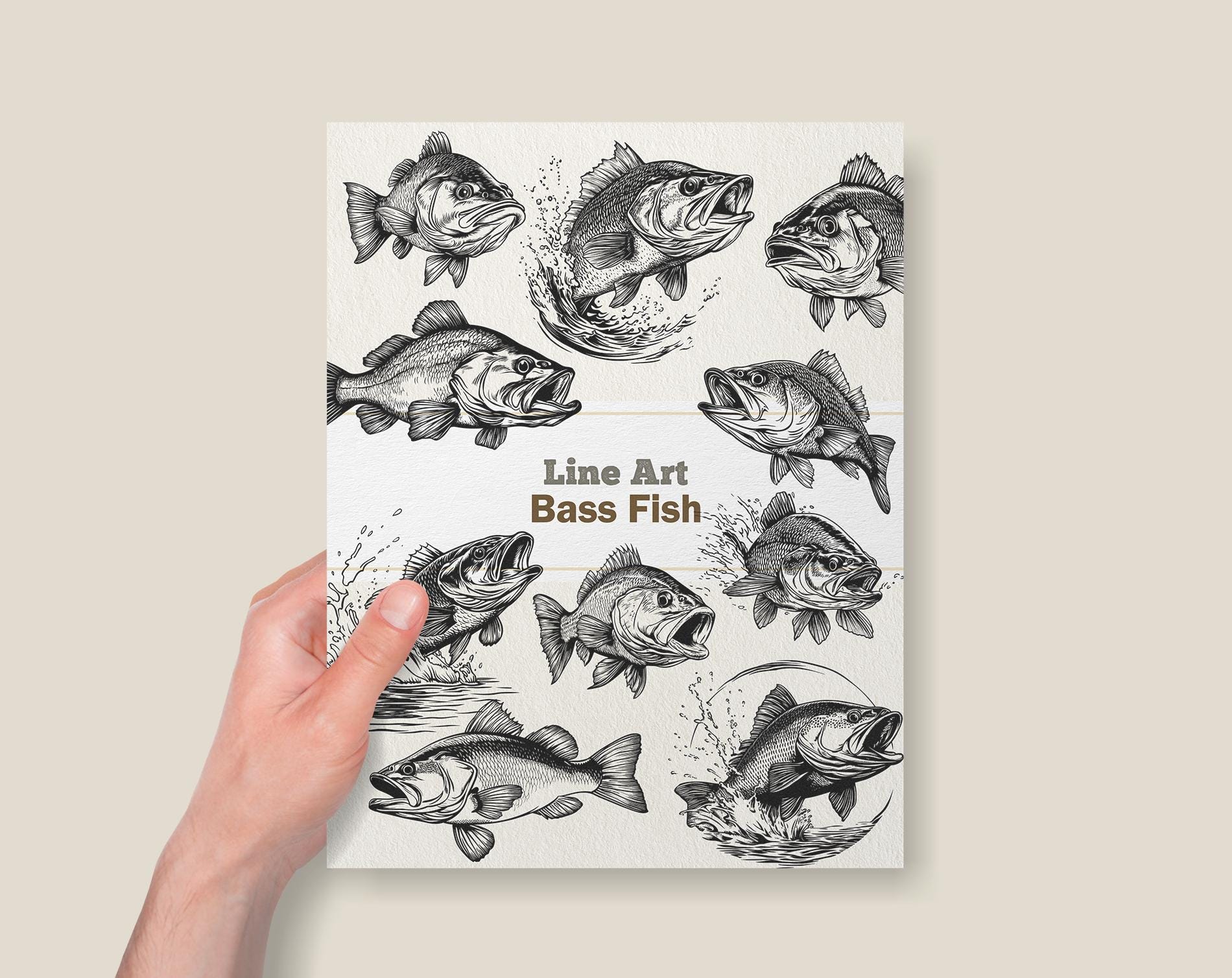 Vector Bass Fish Clipart - Line Art Digital Illustration - Largemouth ...