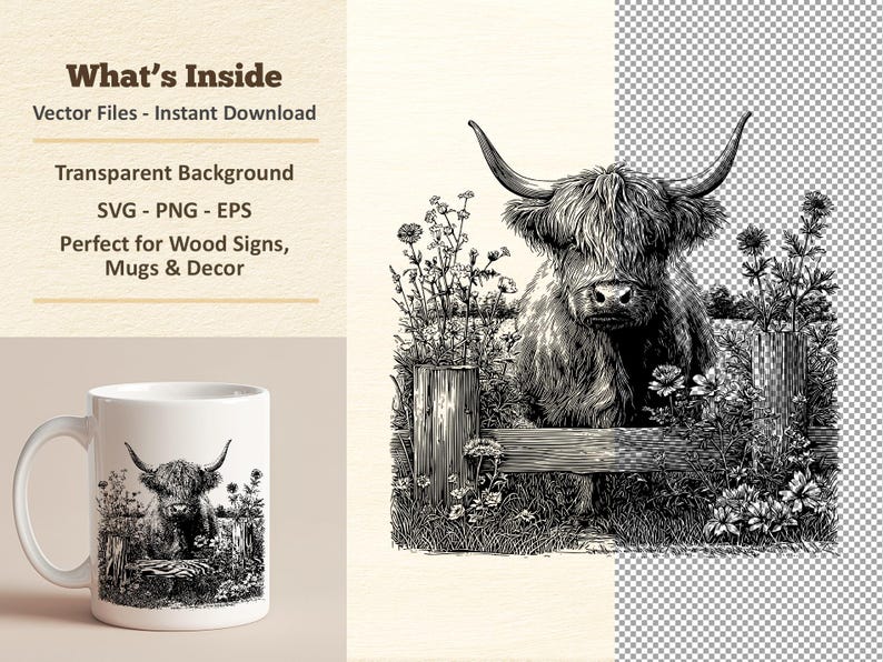 Highland Cattle Vector Illustration SVG – Cow Line Art PNG - Laser ...