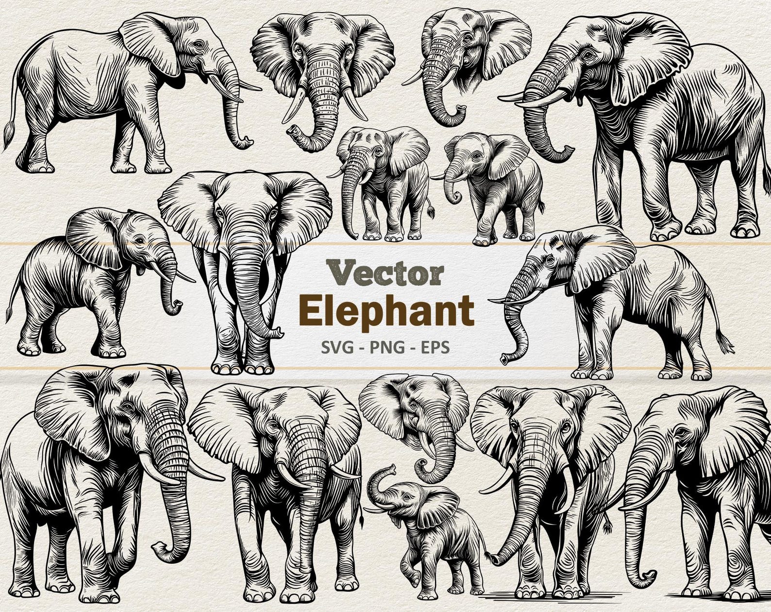 Vector Elephant Clipart - Line Art Digital Illustration - Elephant SVG ...