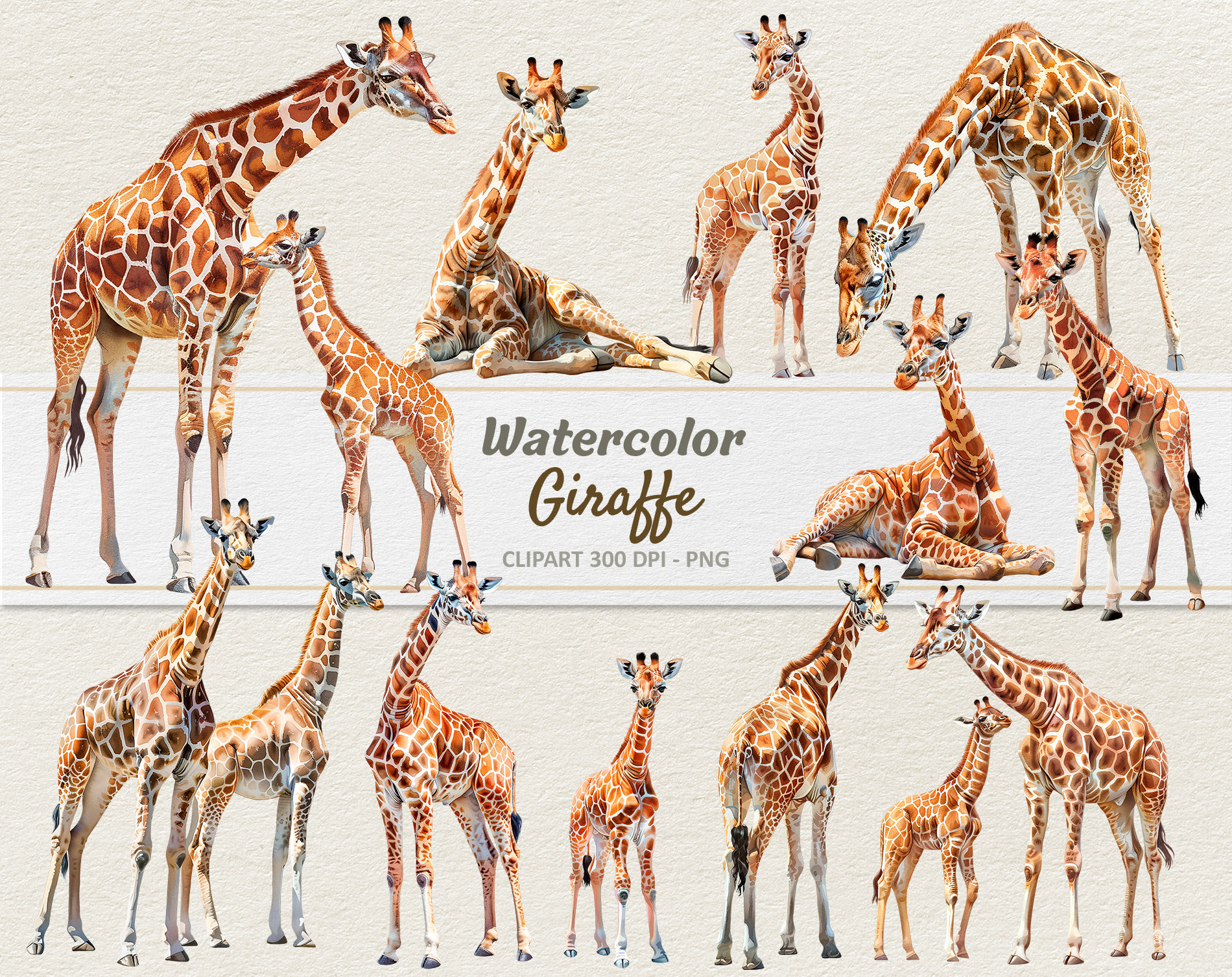 Watercolor Giraffe Clipart Digital Illustration Family Giraffes Zoo PNG ...