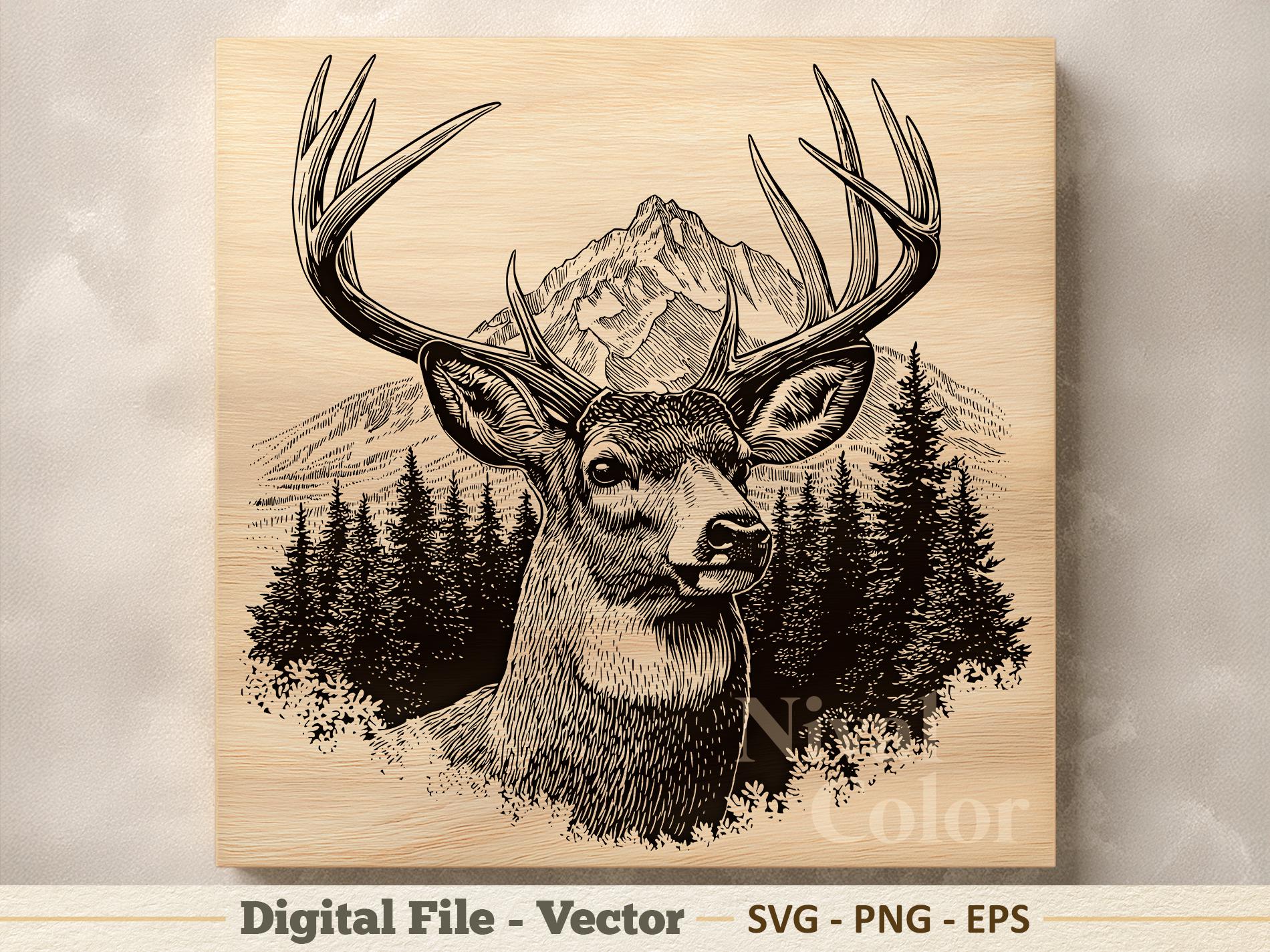 Deer Portrait Vector Illustration SVG – Buck Line Art PNG - Laser ...