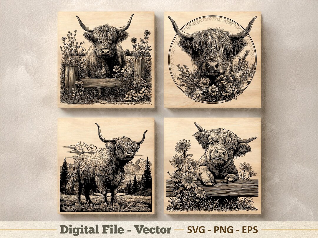 Highland Cow Vector Illustration SVG – Rustic Cattle Line Art PNG ...