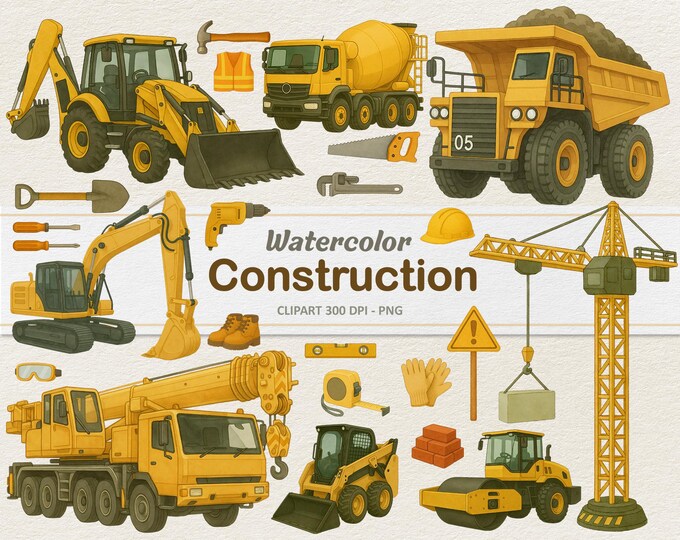 Construction Clipart Bundle, Vehicles Watercolor Digger Excavator Dump ...