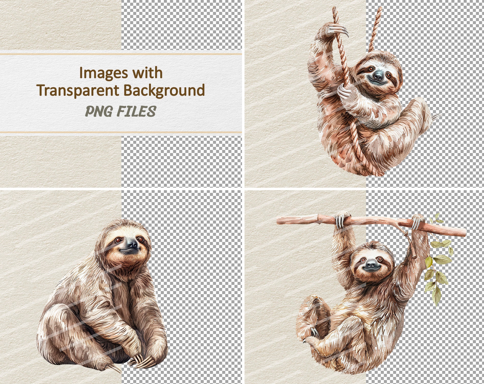 Watercolor Sloth Clipart - Digital Illustration Three–toed Sloths - PNG ...