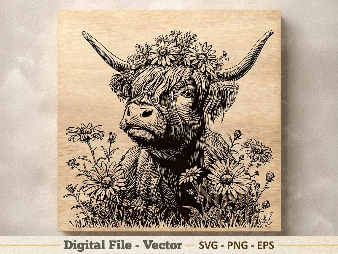 Highland Cow Vector Illustration SVG – Floral Line Art PNG - Laser ...