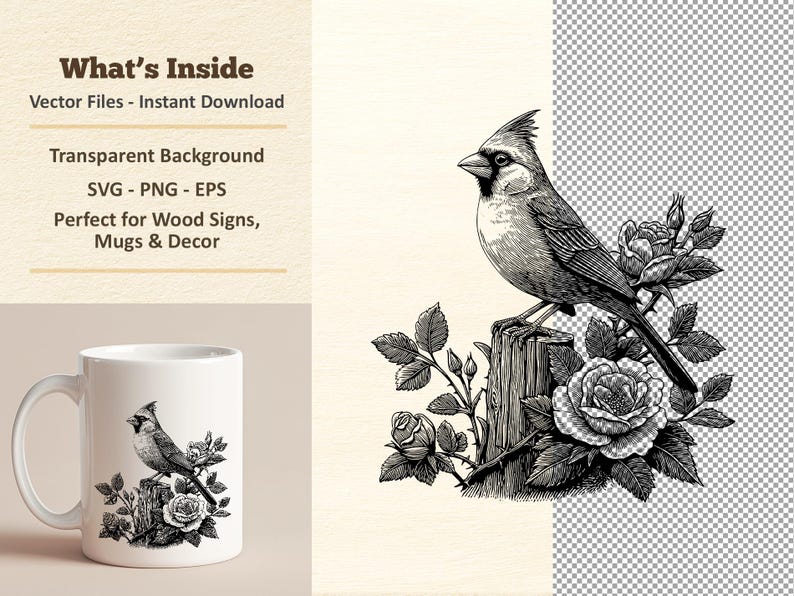 Northern Cardinal Vector Illustration SVG – Bird Line Art PNG - Laser ...
