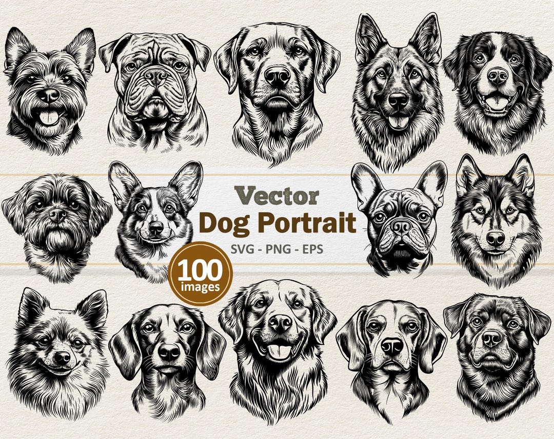 Vector Dog Heads Clipart - Line Art Digital Illustration - Breeds ...