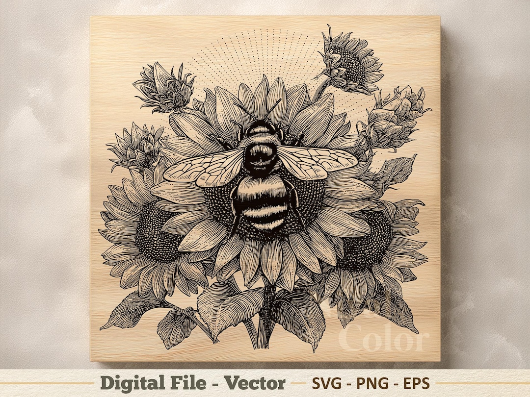 Bee Sunflower Vector Illustration SVG – Honeybee Line Art PNG - Laser ...