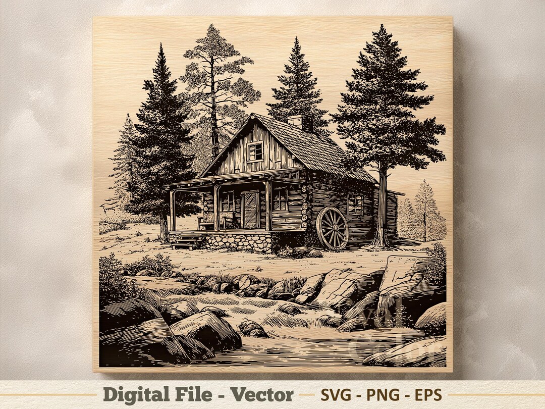 Cabin Vector Illustration SVG – Rustic Lodge Line Art PNG - Laser ...