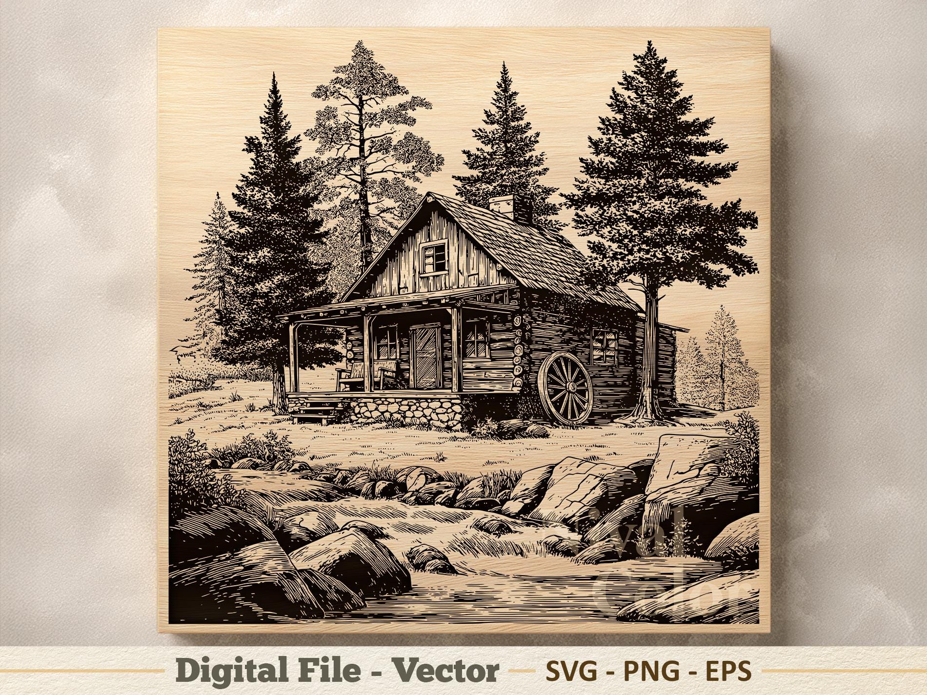 Cabin Vector Illustration SVG – Rustic Lodge Line Art PNG - Laser ...
