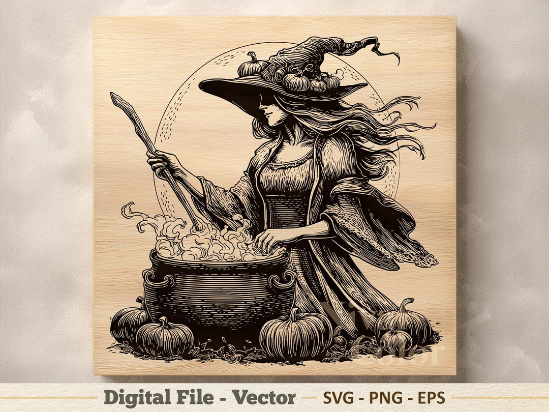 Witch Halloween Vector Illustration SVG – Pumpkin Line Art PNG - Laser ...