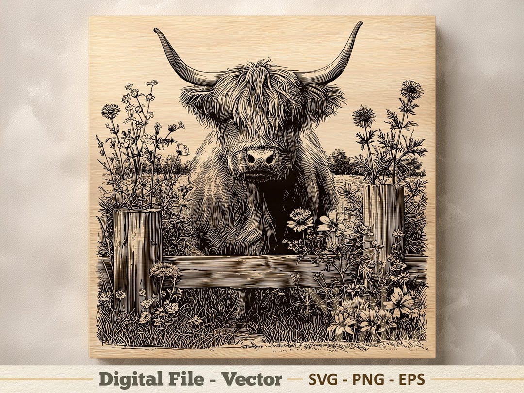 Highland Cattle Vector Illustration SVG – Cow Line Art PNG - Laser ...