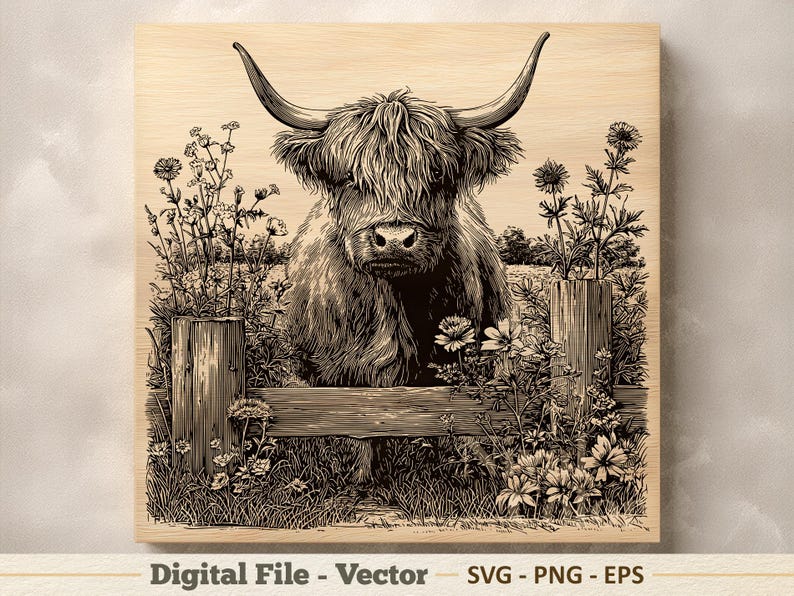 Highland Cattle Vector Illustration SVG – Cow Line Art PNG - Laser ...