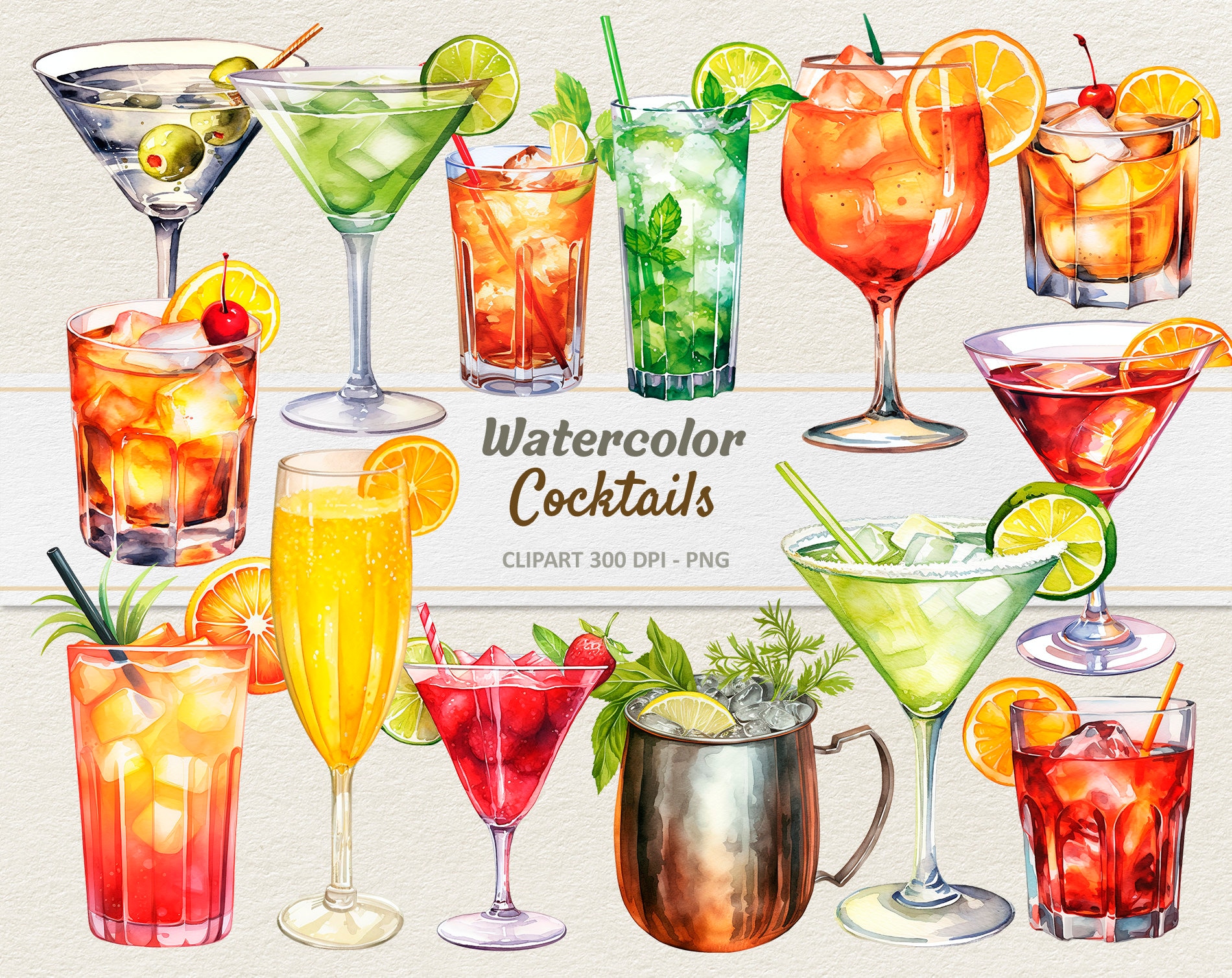 Watercolor Cocktails Clipart - Digital Illustration - Bar Drinks PNG ...