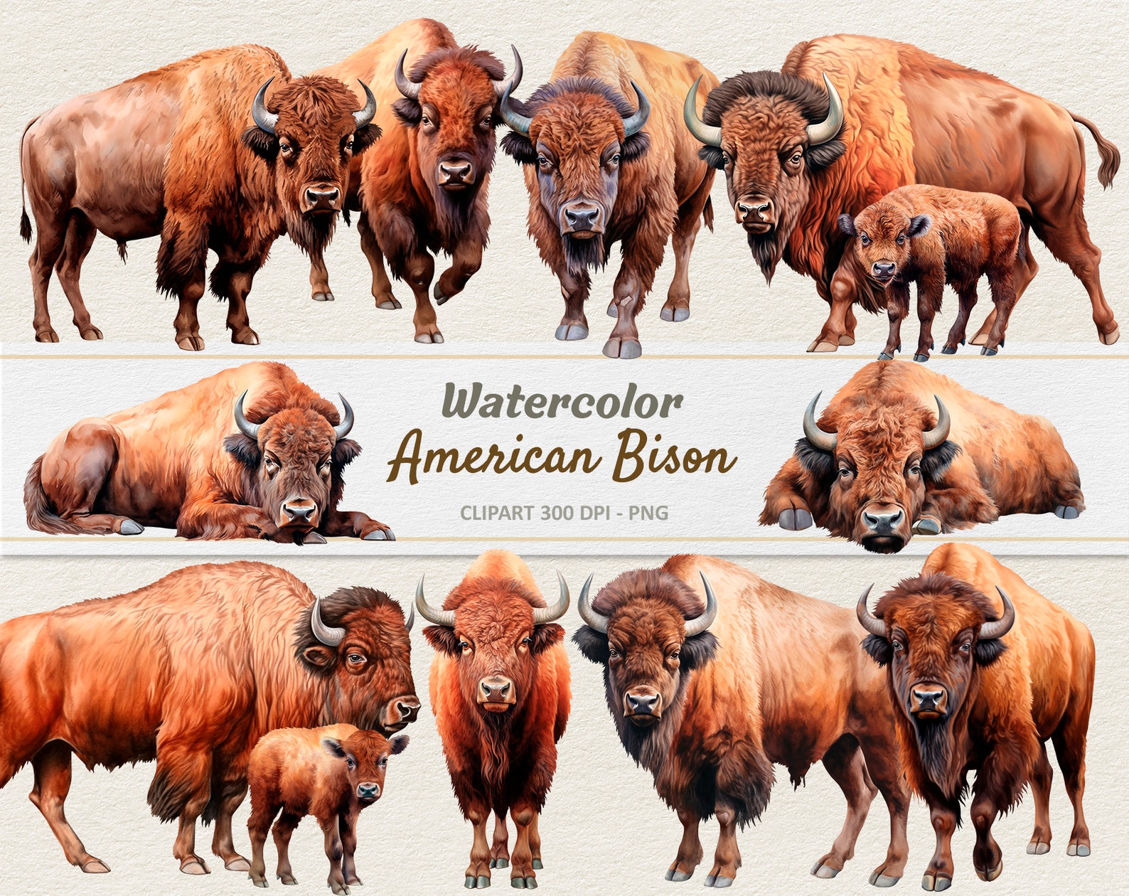 Watercolor American Bison Clipart - Digital Illustration Buffalo ...