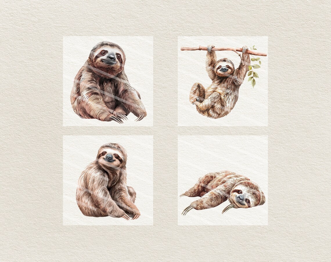Watercolor Sloth Clipart Digital Illustration Threetoed Sloths PNG ...