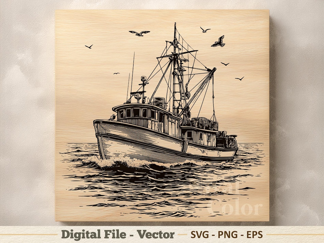 Fishing Boat Vector Illustration SVG – Ship Line Art PNG - Laser ...