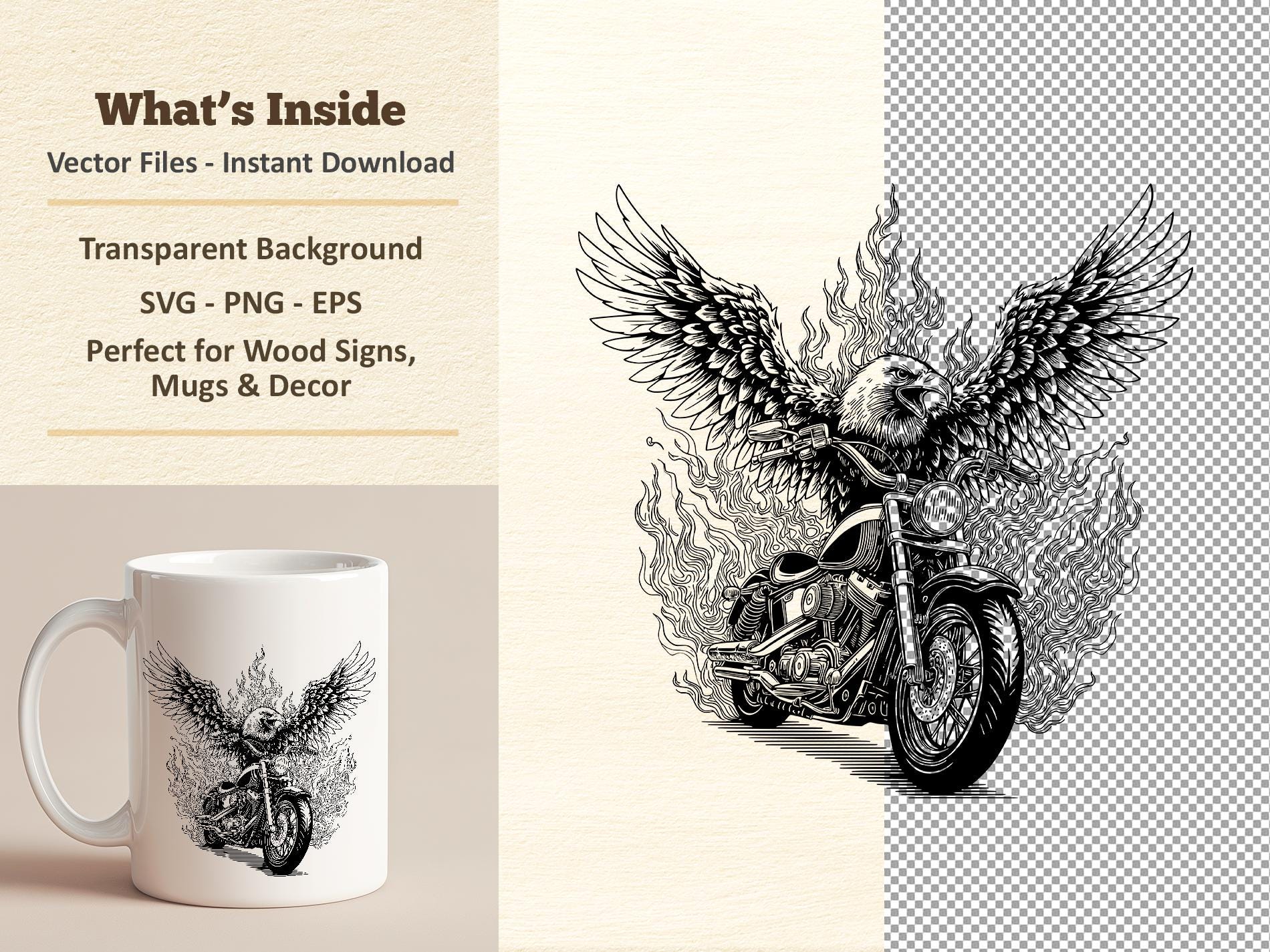 Eagle Rider Vector Illustration SVG – Bald Eagle Motorcycle Line Art ...