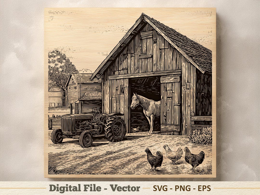 Farmyard Vector Illustration SVG – Barn Farmhouse Line Art PNG - Laser ...