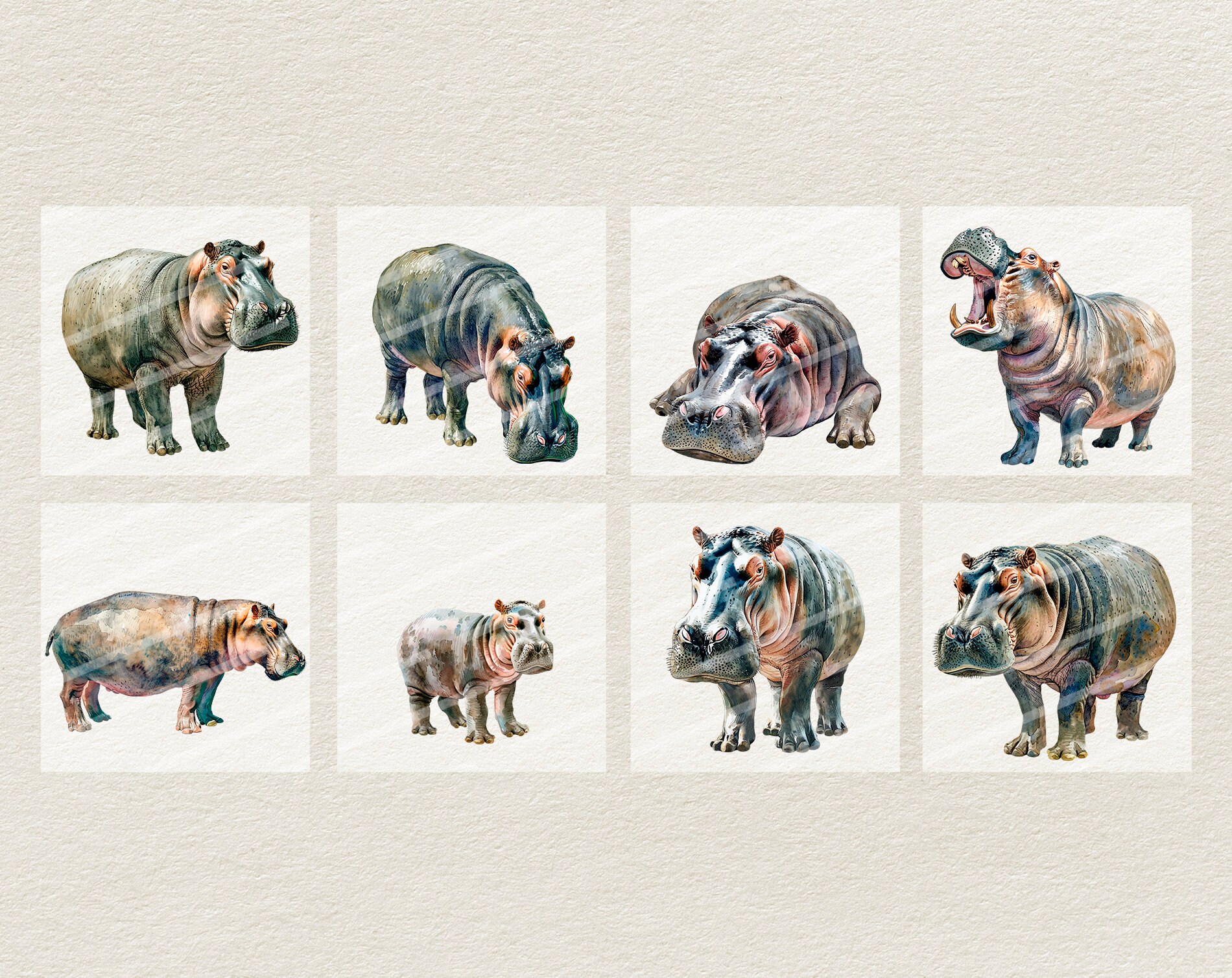 Watercolor Hippopotamus Clipart Digital Illustration Hippo Hippopotamus ...
