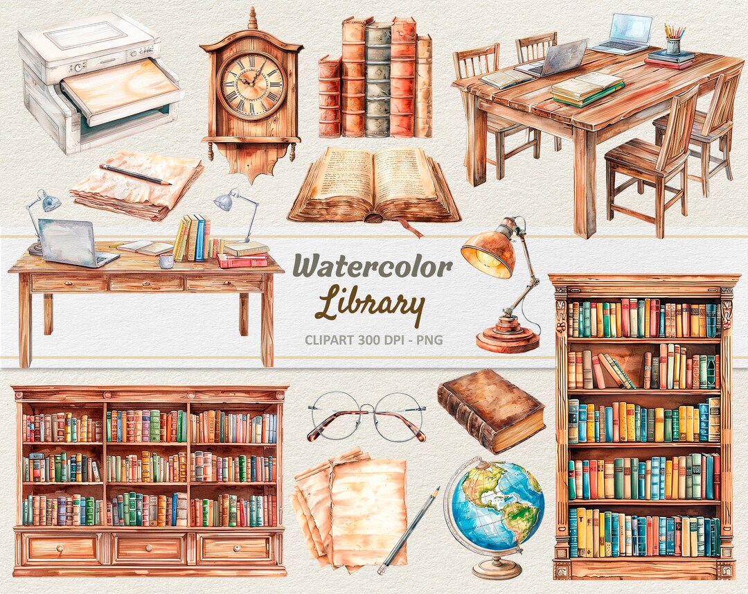 Watercolor Library Clipart - Digital Illustration Bookshelves - Old ...