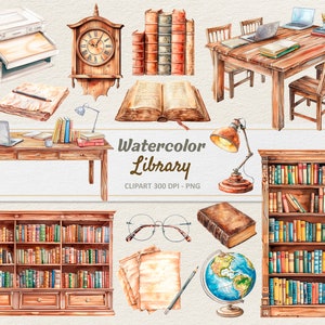 Watercolor Library Clipart - Digital Illustration Bookshelves - Old ...