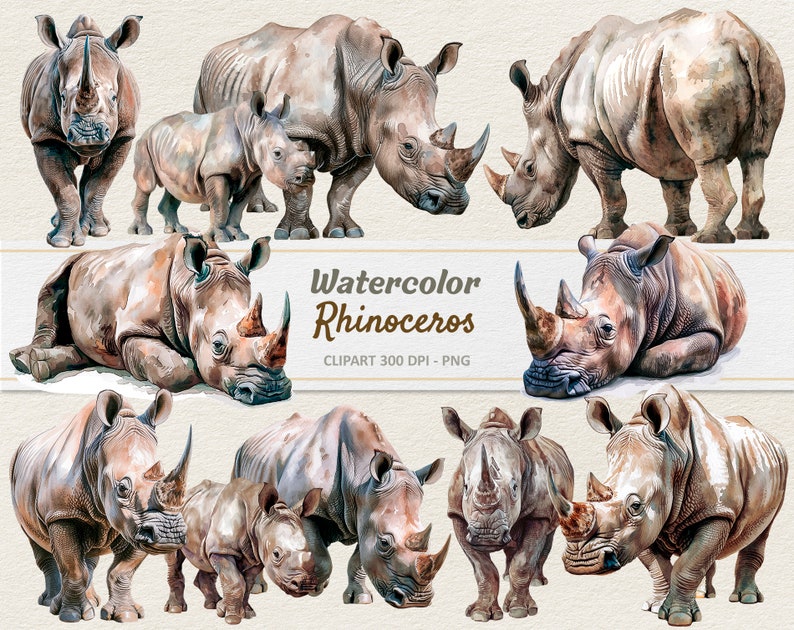 Watercolor Rhinoceros Clipart - Digital Illustration Rhino - Rhinoceros ...