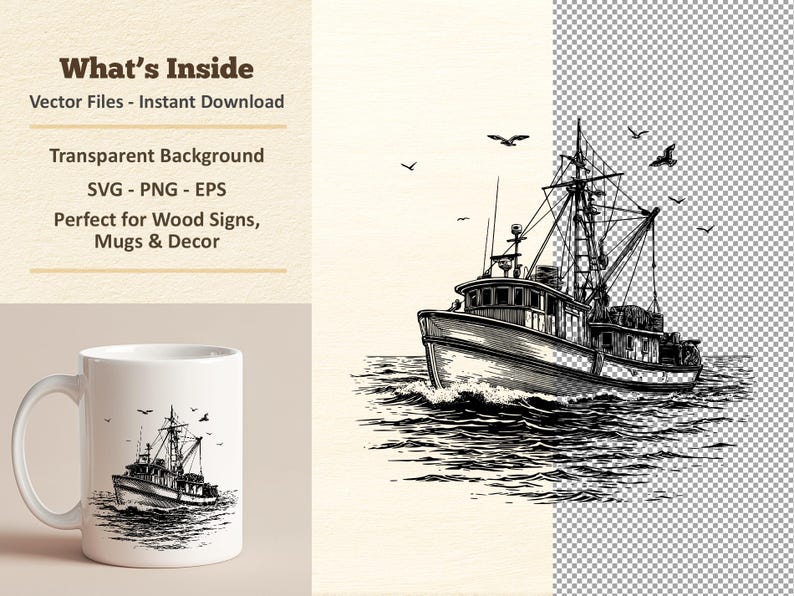 Fishing Boat Vector Illustration SVG – Ship Line Art PNG - Laser ...