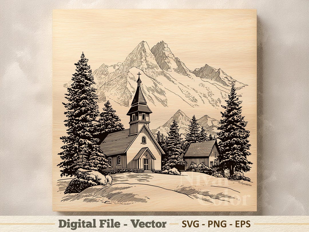 Church Vector Illustration SVG – Mountain Chapel Line Art PNG - Laser ...