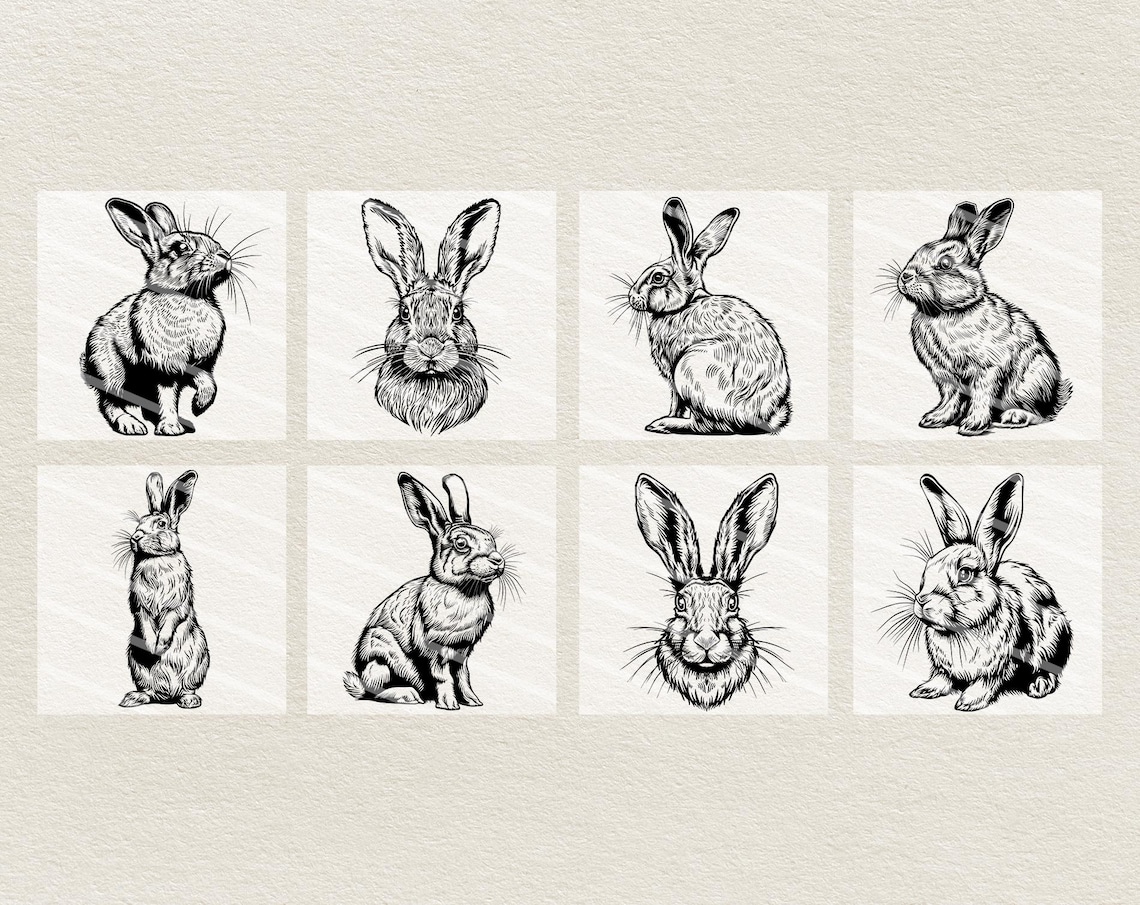 Vector Bunnies Clipart - Line Art Digital Illustration - Bunny Rabbit ...