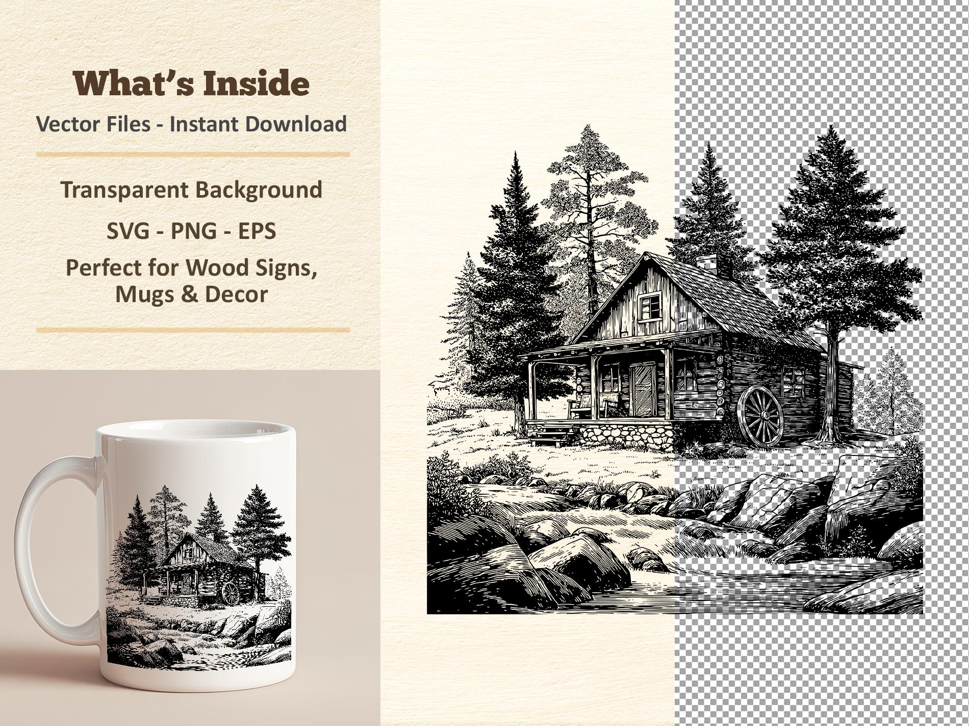 Cabin Vector Illustration SVG – Rustic Lodge Line Art PNG - Laser ...