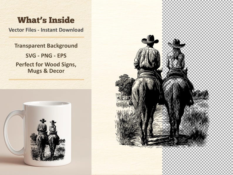 Cowboy Couple Line Art Illustration: Western Wedding SVG PNG - Laser ...
