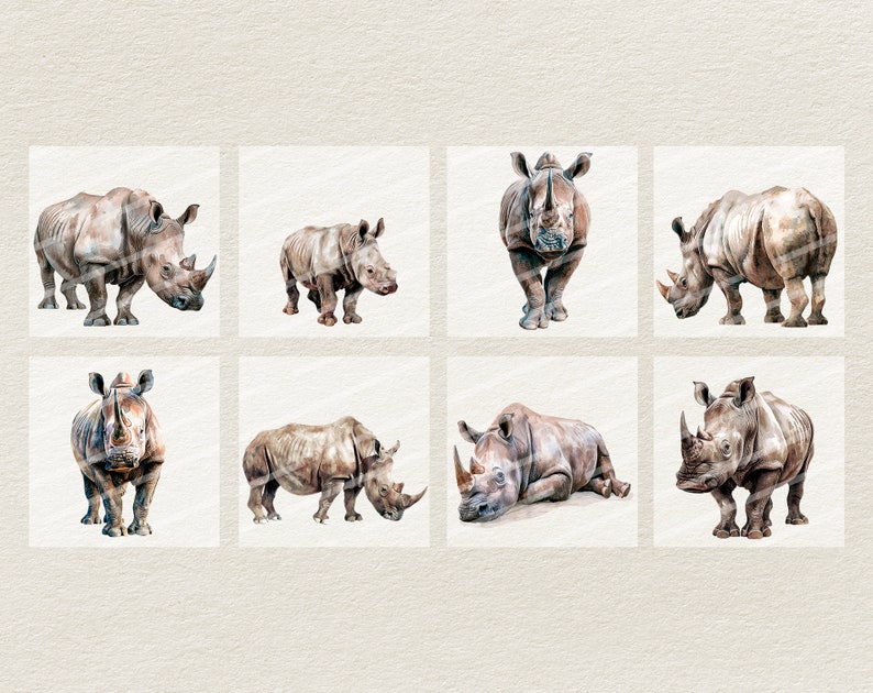 Watercolor Rhinoceros Clipart - Digital Illustration Rhino - Rhinoceros ...