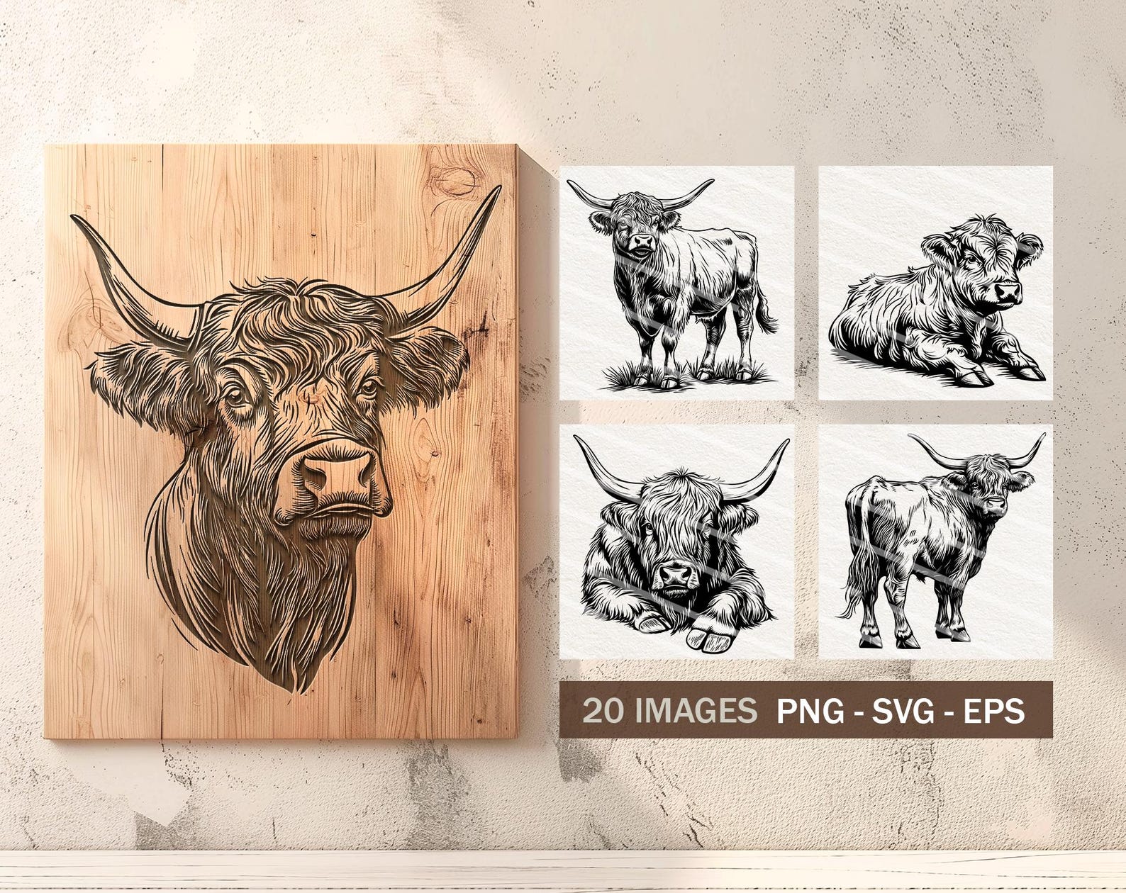 Vector Highland Cow Clipart - Line Art Digital Illustration - Highland ...
